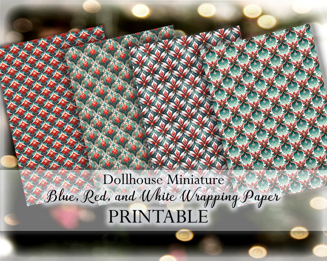 Dollhouse Miniature Wrapping Paper PRINTABLE Blue Red White 1:12 ...