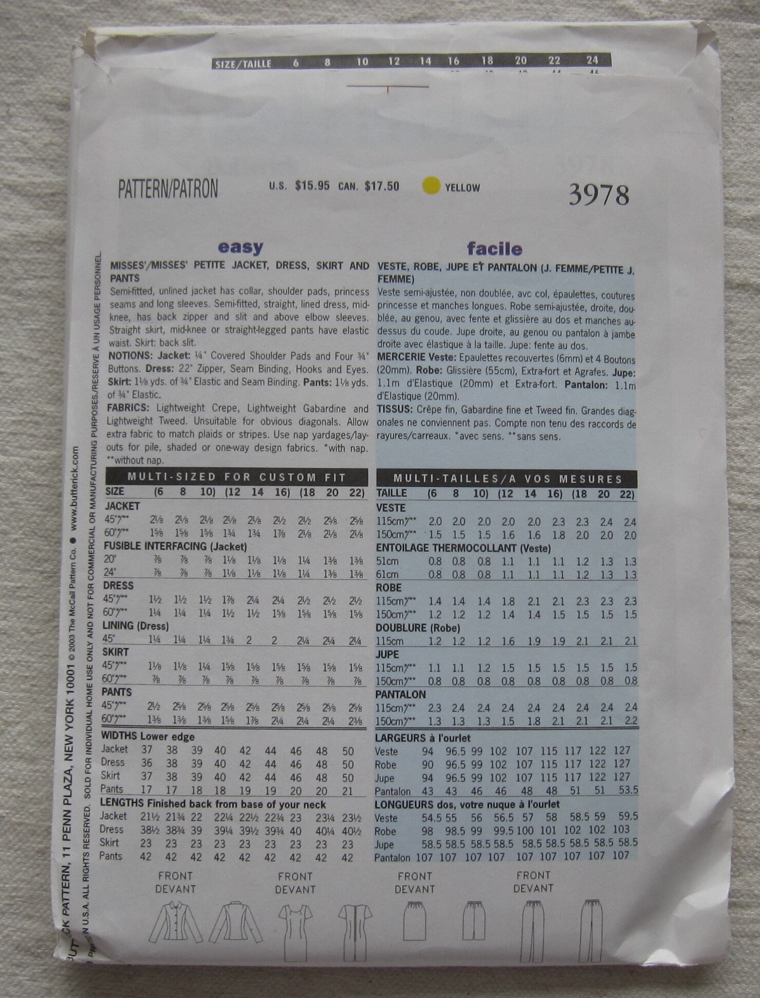 Jacket Dress Skirt Pants Sewing Pattern UNCUT Butterick 3978 Sizes 18 ...