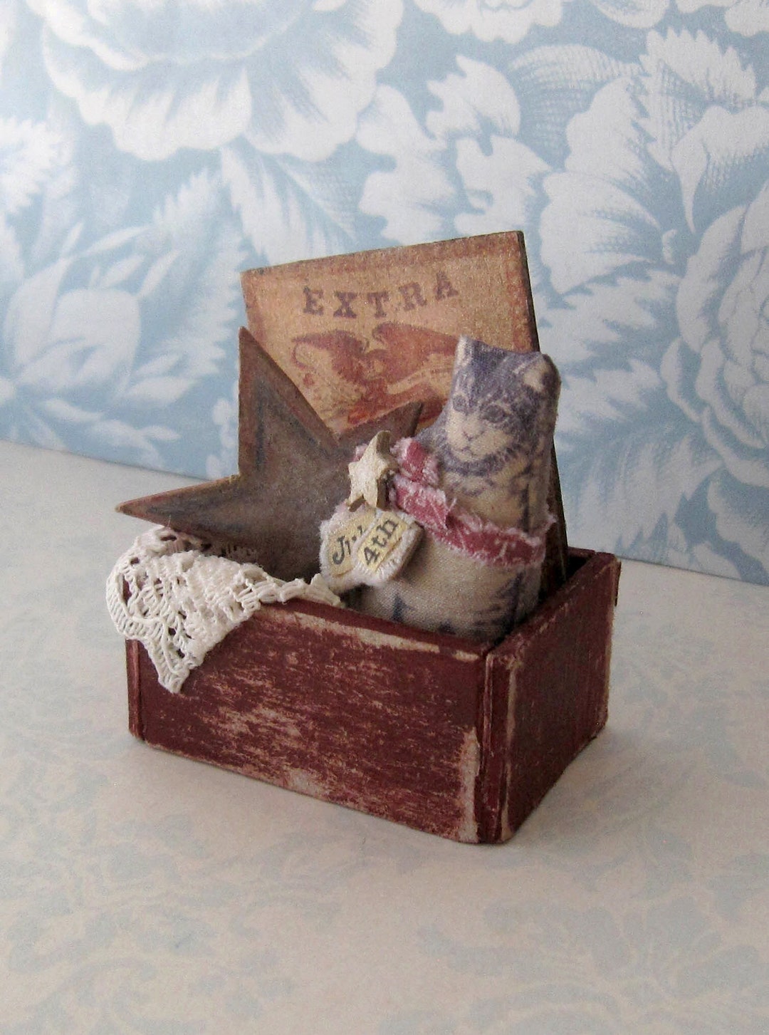Miniature Dollhouse Cat Doll in Box Cottage Farmhouse Primitive Home ...