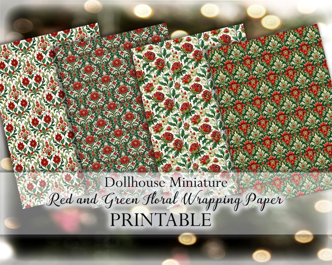 Dollhouse Miniature Wrapping Paper PRINTABLE Red Green Floral 1:12 ...