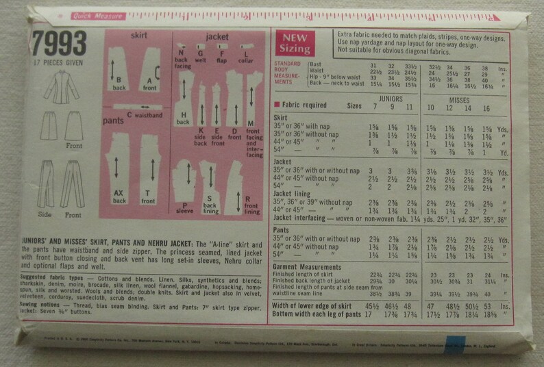 Vintage Sewing Pattern UNCUT Simplicity 7993 Size 11 Skirt Pants Jacket ...