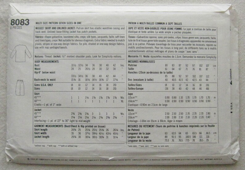 Simplicity Sewing Pattern UNCUT 8083 Sizes 8-20 Jacket Skirt | Etsy