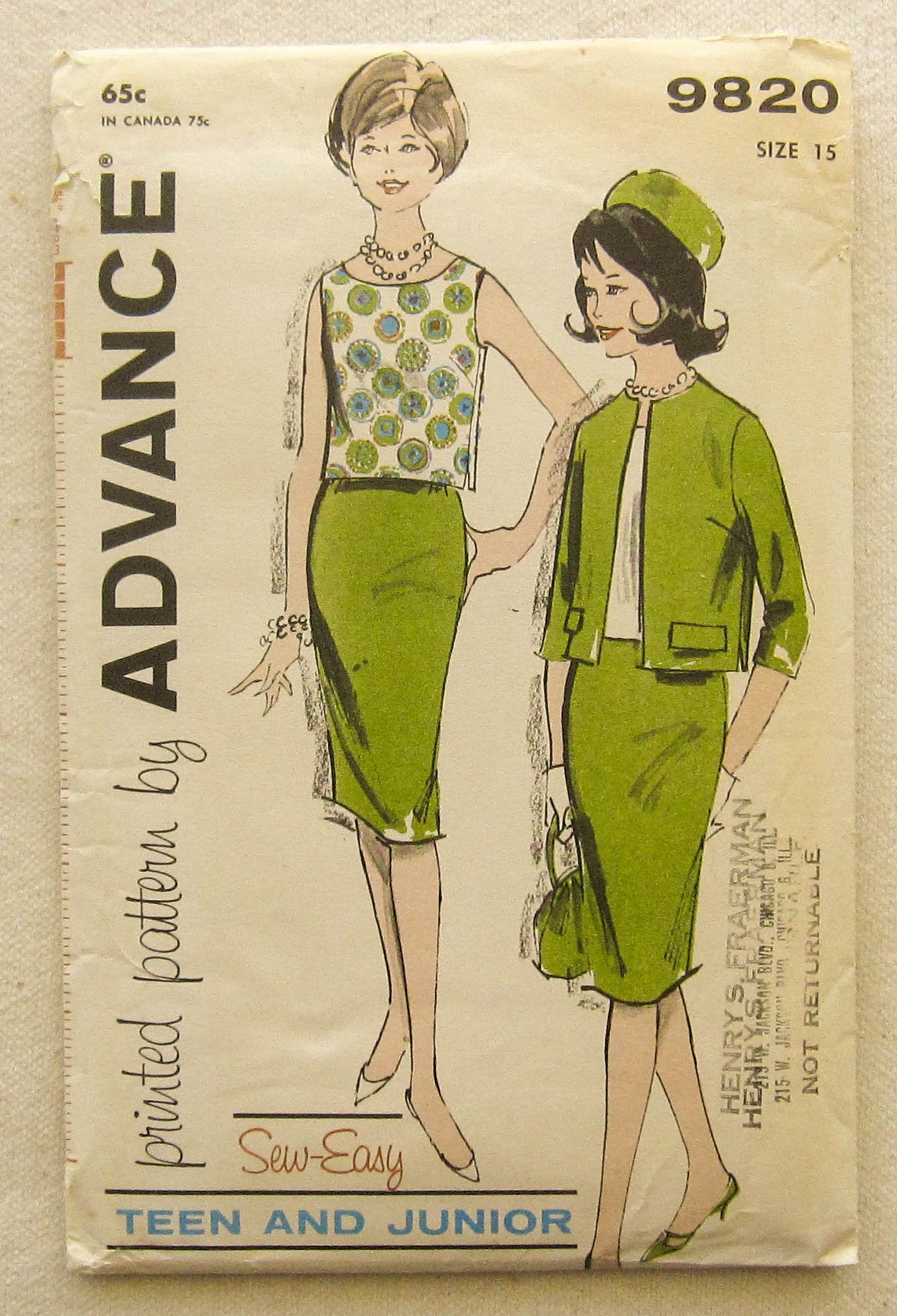 Vintage Sewing Pattern UNCUT Advance 9820 JUNIOR Size 15 - Etsy
