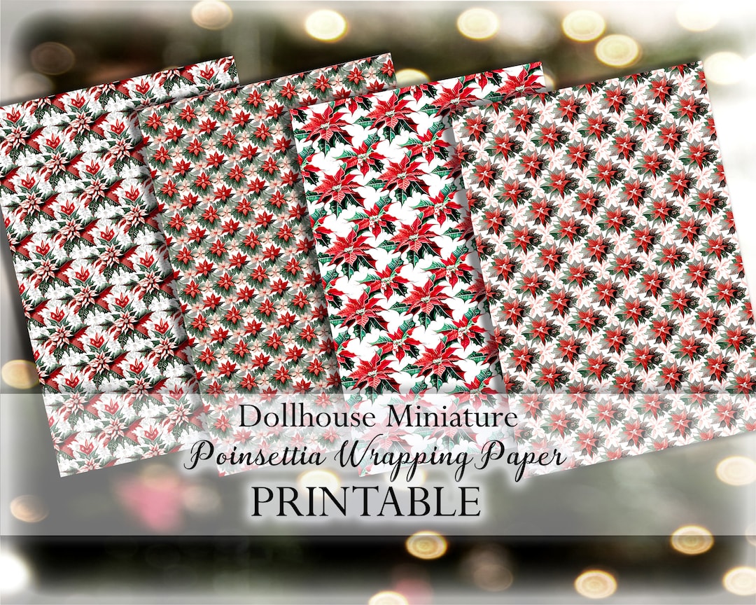 Dollhouse Miniature Wrapping Paper PRINTABLE Poinsettia Red White Green ...