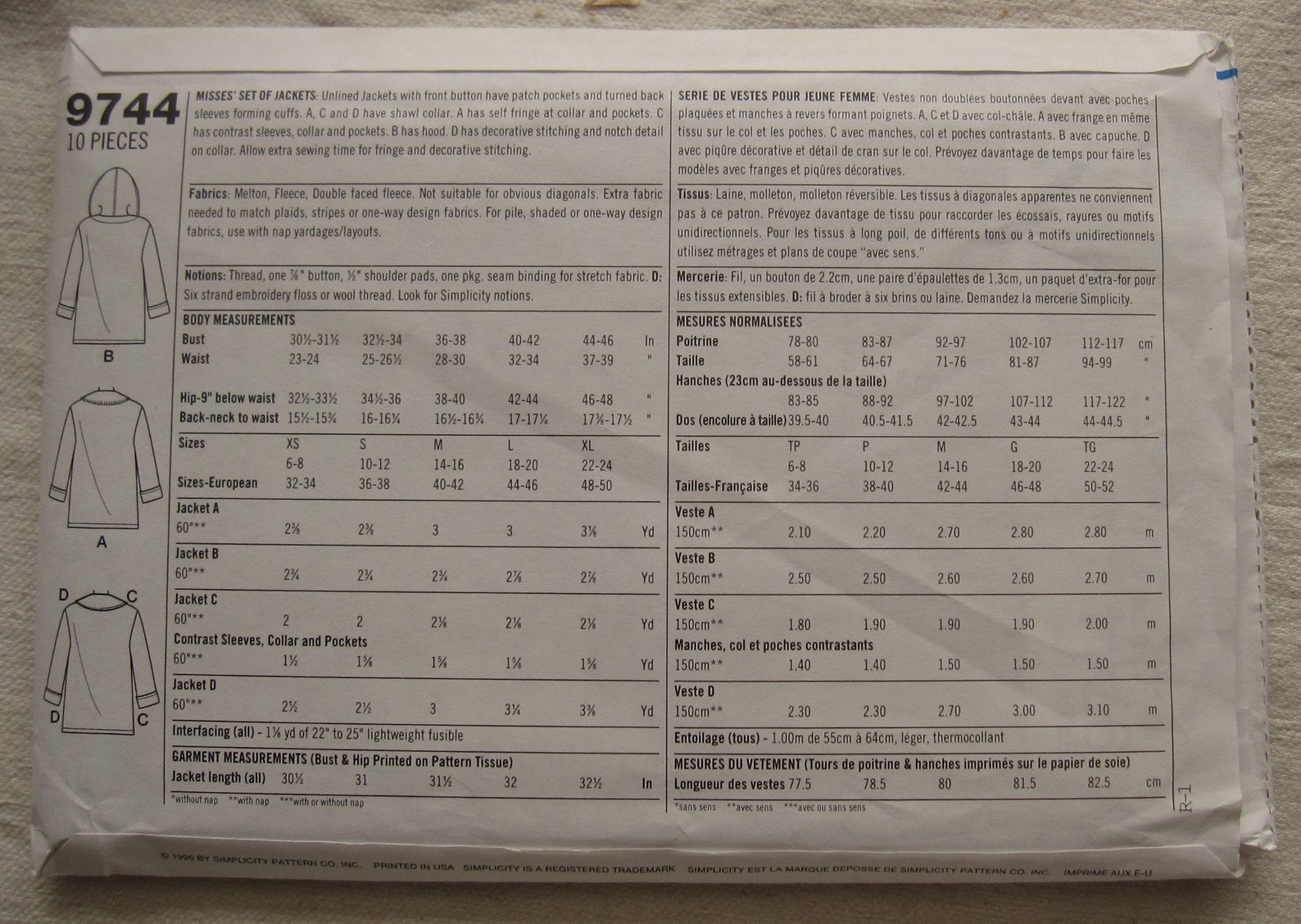 Jacket Sewing Pattern UNCUT Simplicity 9744 Sizes 6-16 | Etsy