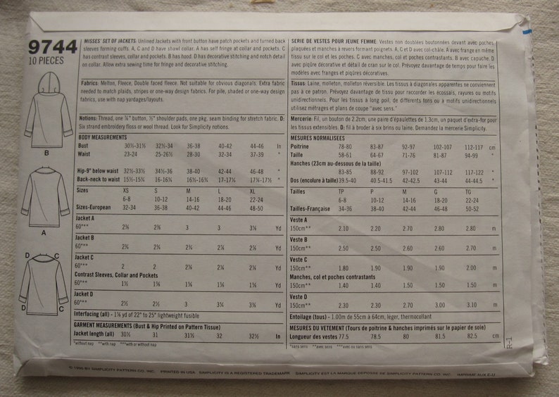 Jacket Sewing Pattern UNCUT Simplicity 9744 Sizes 6-16 | Etsy