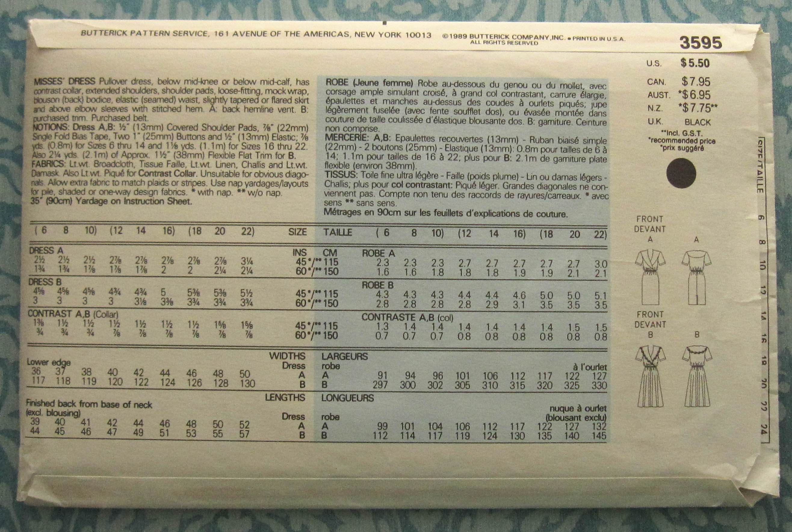 80s Vintage Sewing Pattern Butterick 3595 Womans Size 18 20 22 Wide ...