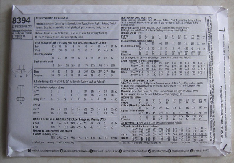 Skirt and Top Sewing Pattern UNCUT Simplicity 8394 Sizes | Etsy