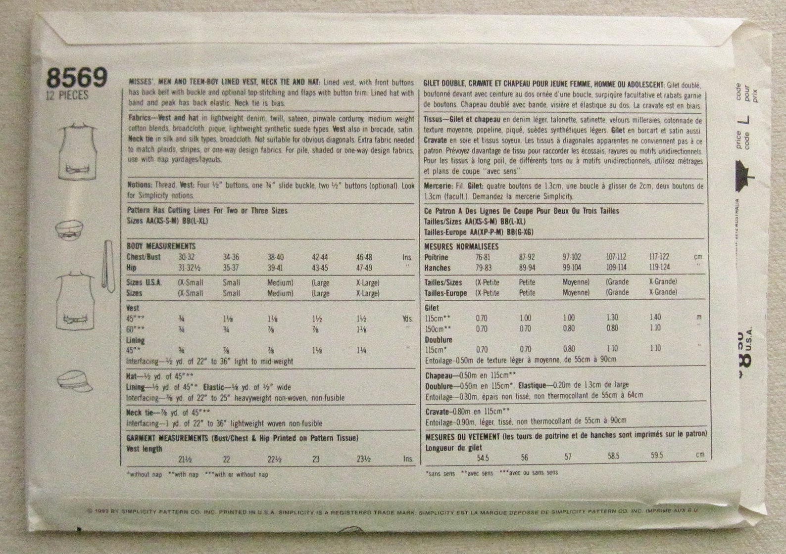 Simplicity Sewing Pattern UNCUT 8569 Sizes XS-M Unisex Vest - Etsy