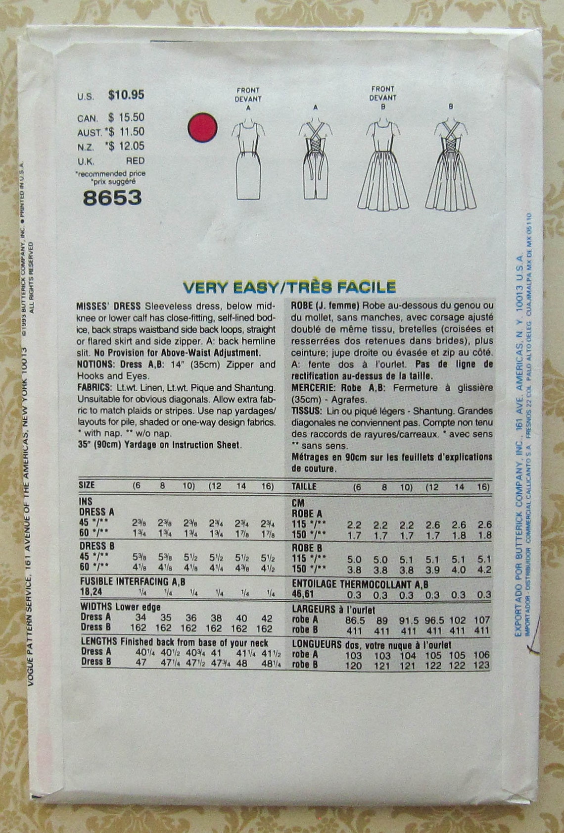 Vogue Sewing Pattern UNCUT 8653 Womens Size 6-10 Dress 1990s - Etsy