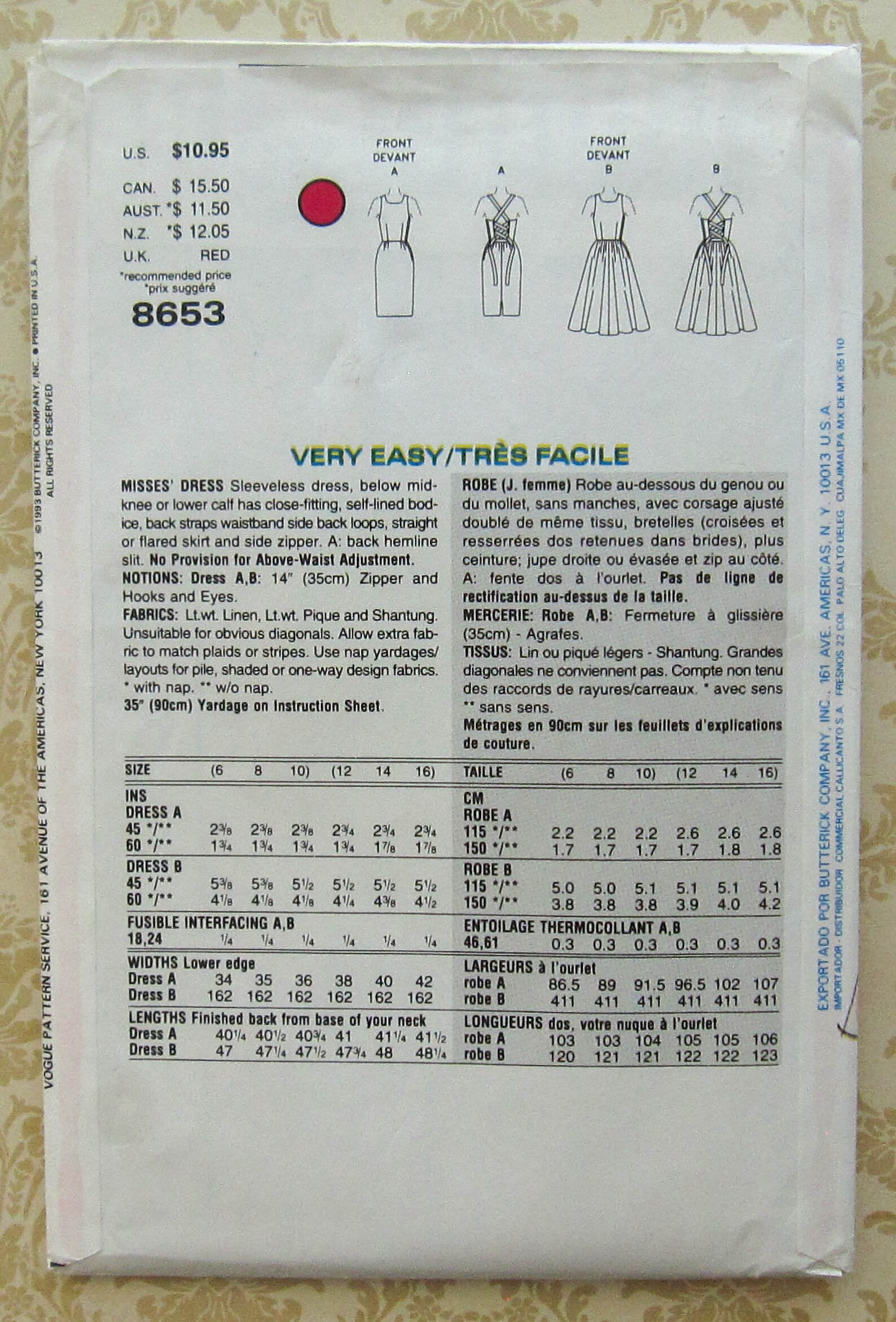 Vogue Sewing Pattern UNCUT 8653 Womens Size 6-10 Dress 1990s - Etsy