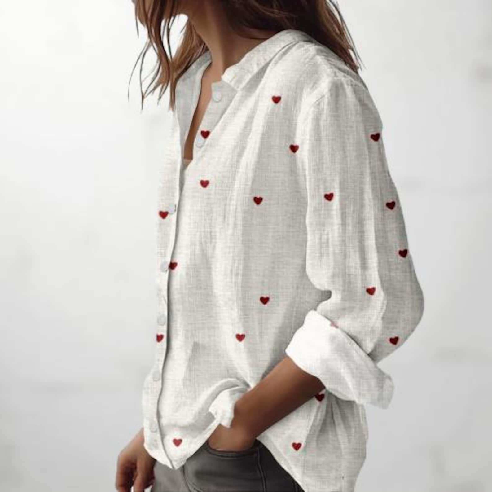 White Linen Shirt With Red Heart Print, Long Sleeve Button up Blouse ...