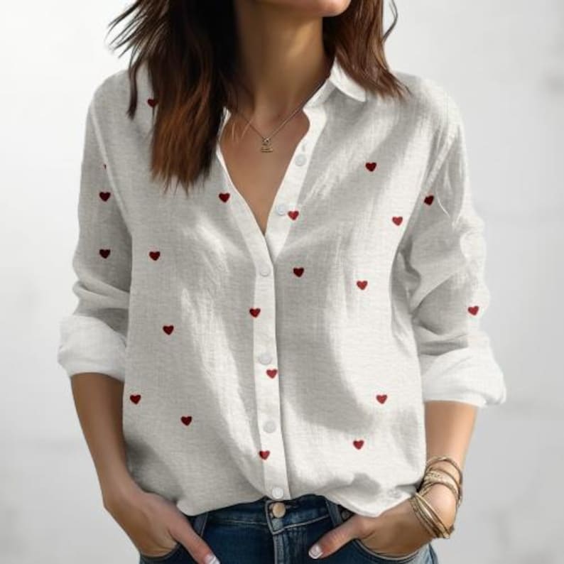 White Linen Shirt With Red Heart Print, Long Sleeve Button up Blouse ...