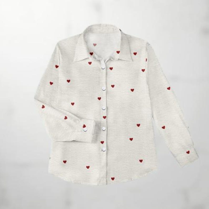 White Linen Shirt With Red Heart Print, Long Sleeve Button up Blouse ...