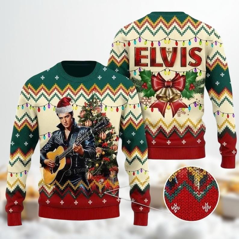 Elvis Presley Christmas Sweater, Funny Holiday Knit Jumper, Rock N Roll ...