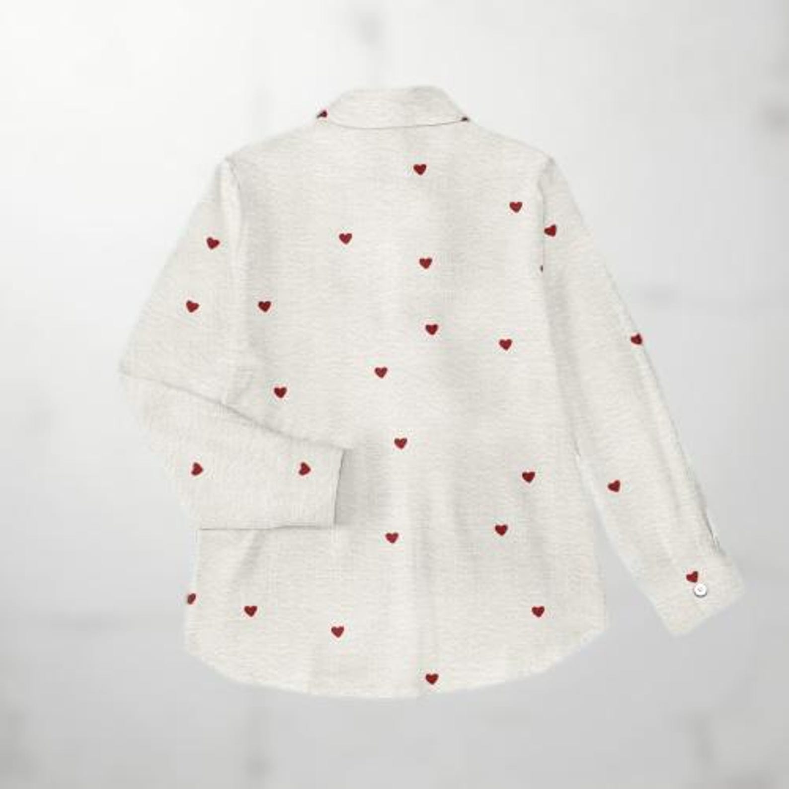 White Linen Shirt With Red Heart Print, Long Sleeve Button up Blouse ...