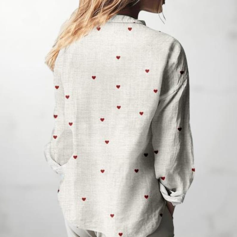 White Linen Shirt With Red Heart Print, Long Sleeve Button up Blouse ...