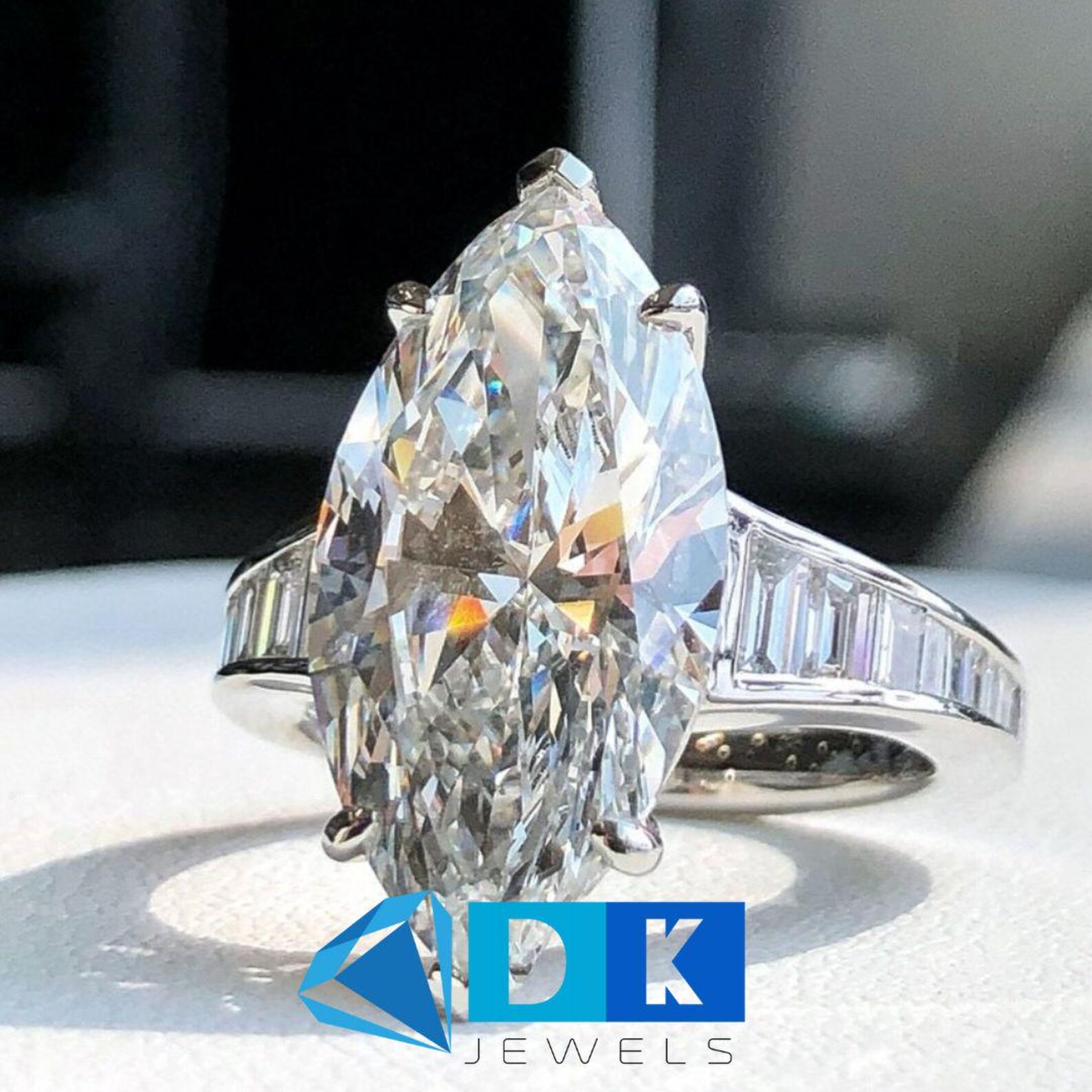 4CT Elongated Marquise Cut Lab Grown Diamond Ring, Channel Set Baguette ...
