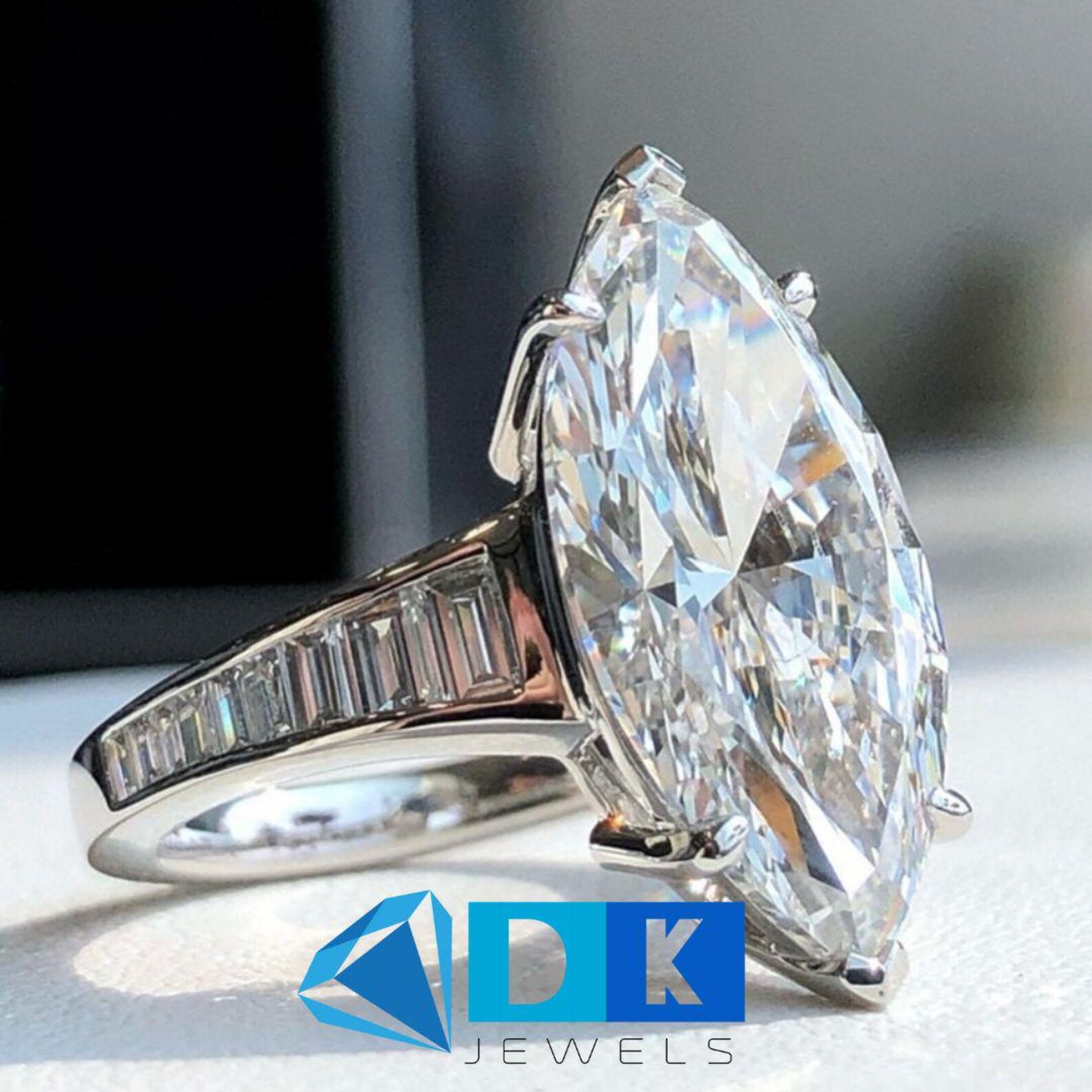 4CT Elongated Marquise Cut Lab Grown Diamond Ring, Channel Set Baguette ...
