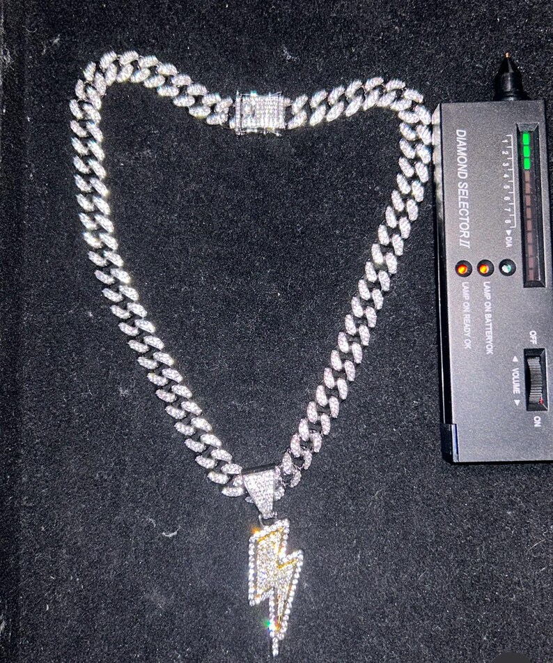 Diamond Iced Out Lightening Bolt Pendant and Iced Out Cuban Chain ...