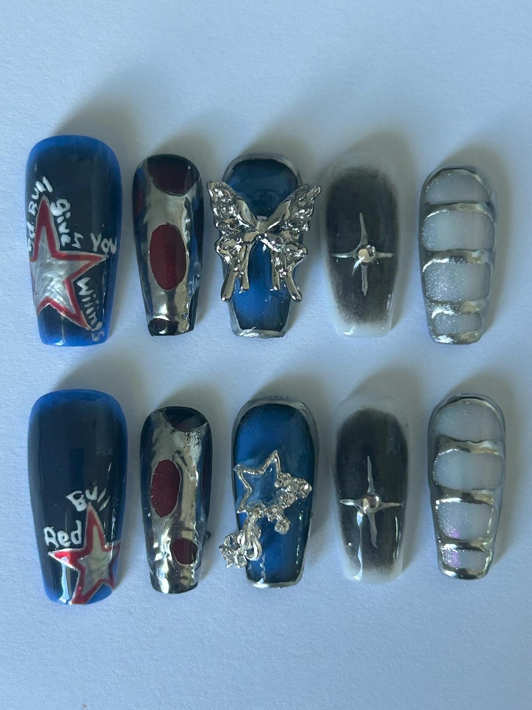 Red Bull Inspired Press on Nails, Handmade, Silver, Black, White, Blue ...