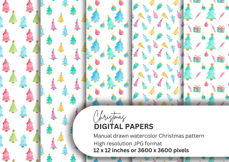 Watercolor Christmas Pattern Digital Paper: 15 JPG Designs (12x12 ...