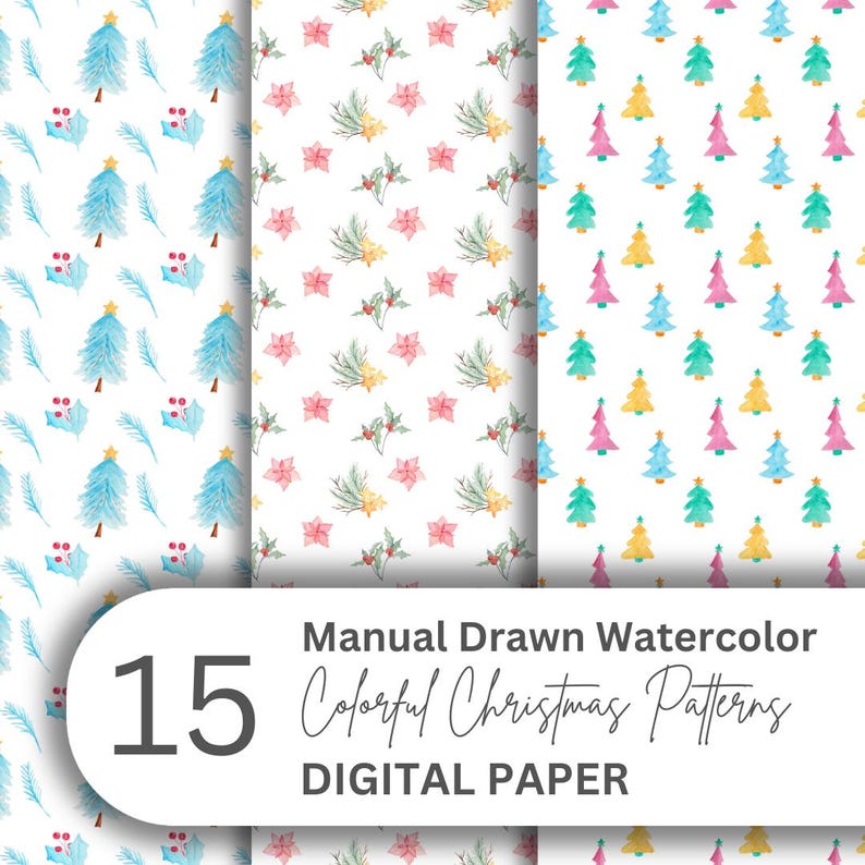 Watercolor Christmas Pattern Digital Paper: 15 JPG Designs (12x12 ...
