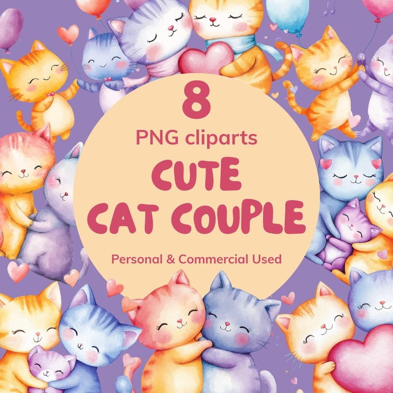 Watercolor Cat Couple Clipart: Kawaii Pastel 8 Pngs (digital Download ...