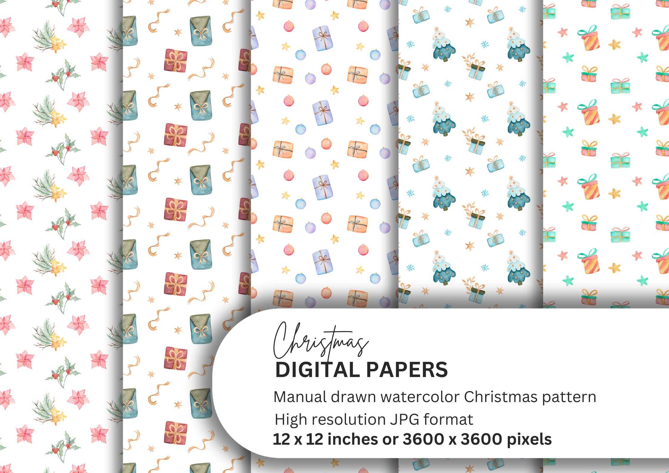 Watercolor Christmas Pattern Digital Paper: 15 JPG Designs (12x12 ...