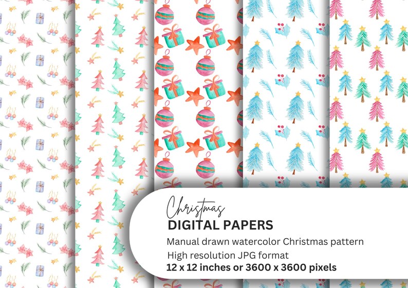Watercolor Christmas Pattern Digital Paper: 15 JPG Designs (12x12 ...