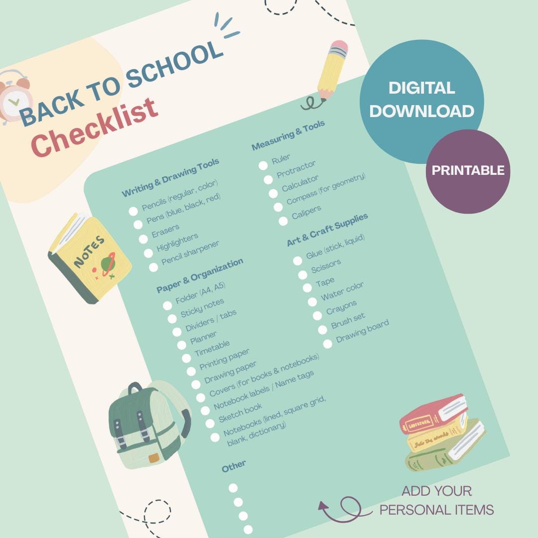 Back to School Printable Checklist School Essential Item Shopping List ...