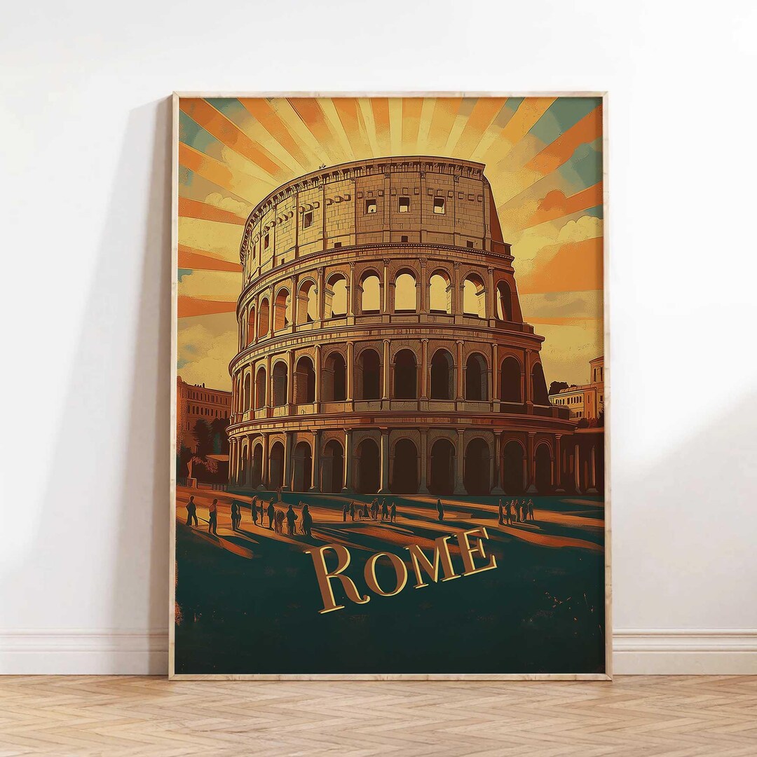 Rome Vintage Travel Poster - Colosseum Retro Wall Art, Sunburst Design ...