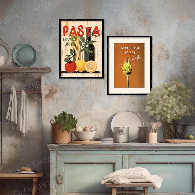 Vintage Foodie Digital Wall Art Set: Pasta, Burgers, Wine, and More ...