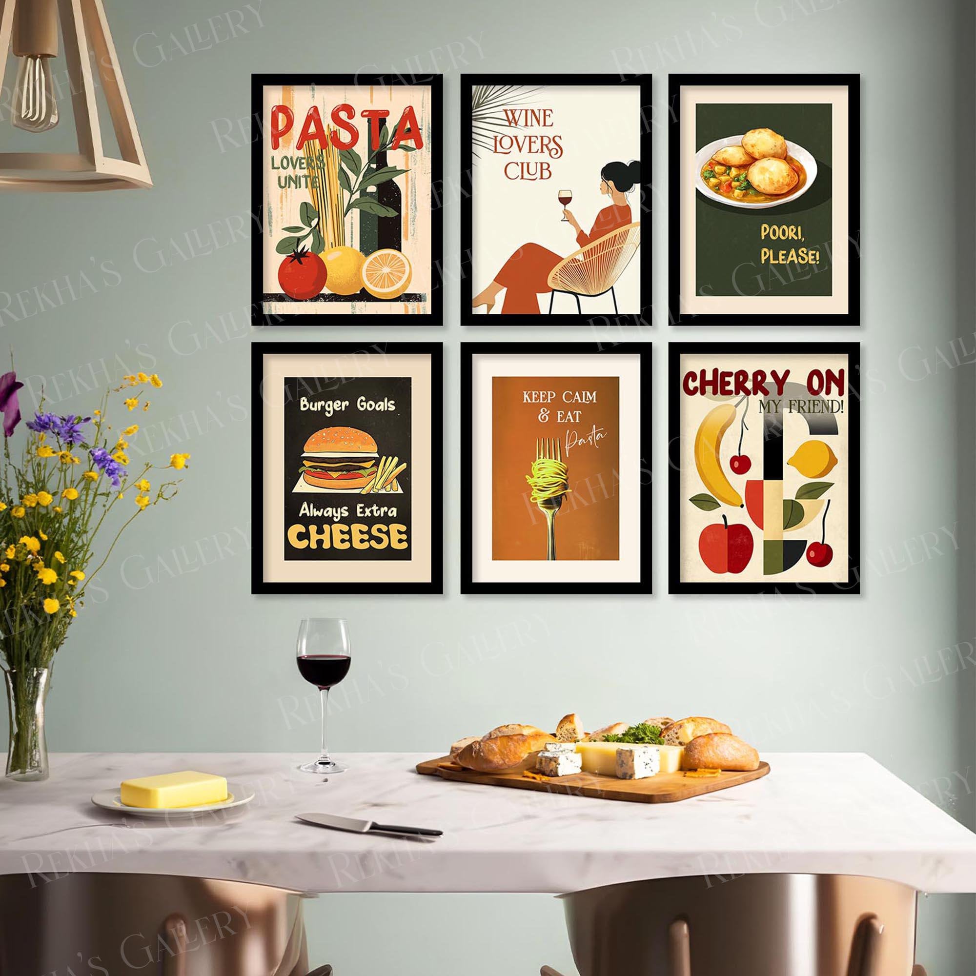 Vintage Foodie Digital Wall Art Set: Pasta, Burgers, Wine, and More ...