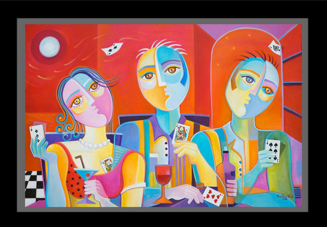 Cubism Painting, Original Art, Cubist Acrylic Canvas, Large 36x24 Poker ...