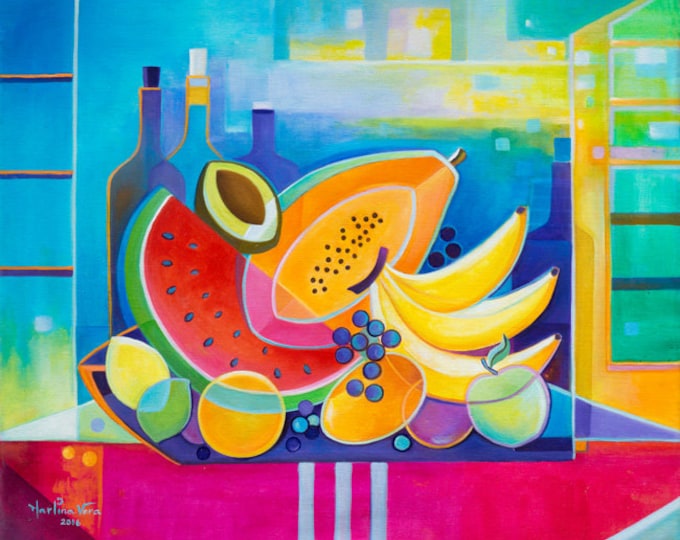Cubist Painting Abstract Original Oil Wine Fruits Marlina Vera Fine Art ...