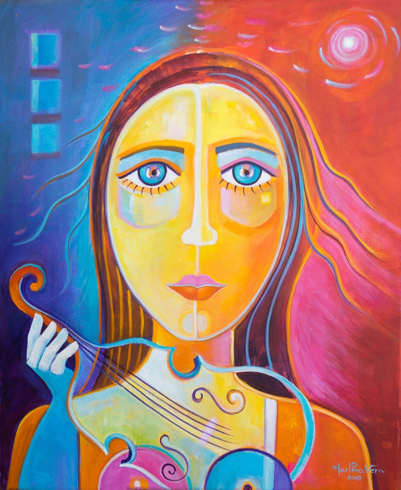 Kubismus Original Gemälde Solo Violine Mädchen Frau Violinist ...