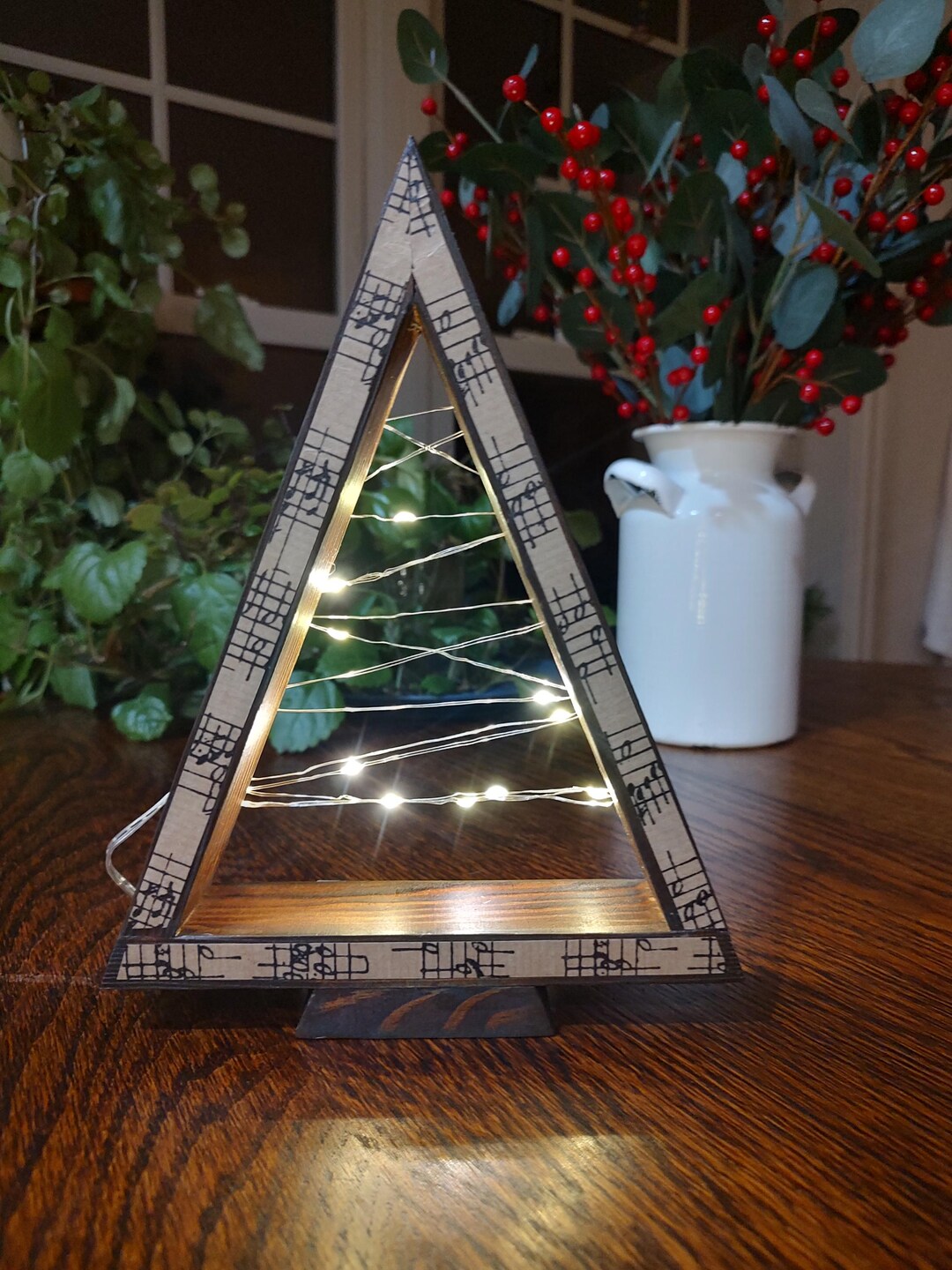 Lighted Wooden Tree, Decoupage, Music Sheet Design, Country Farmhouse, Rustic Decor, Wood Craft ...