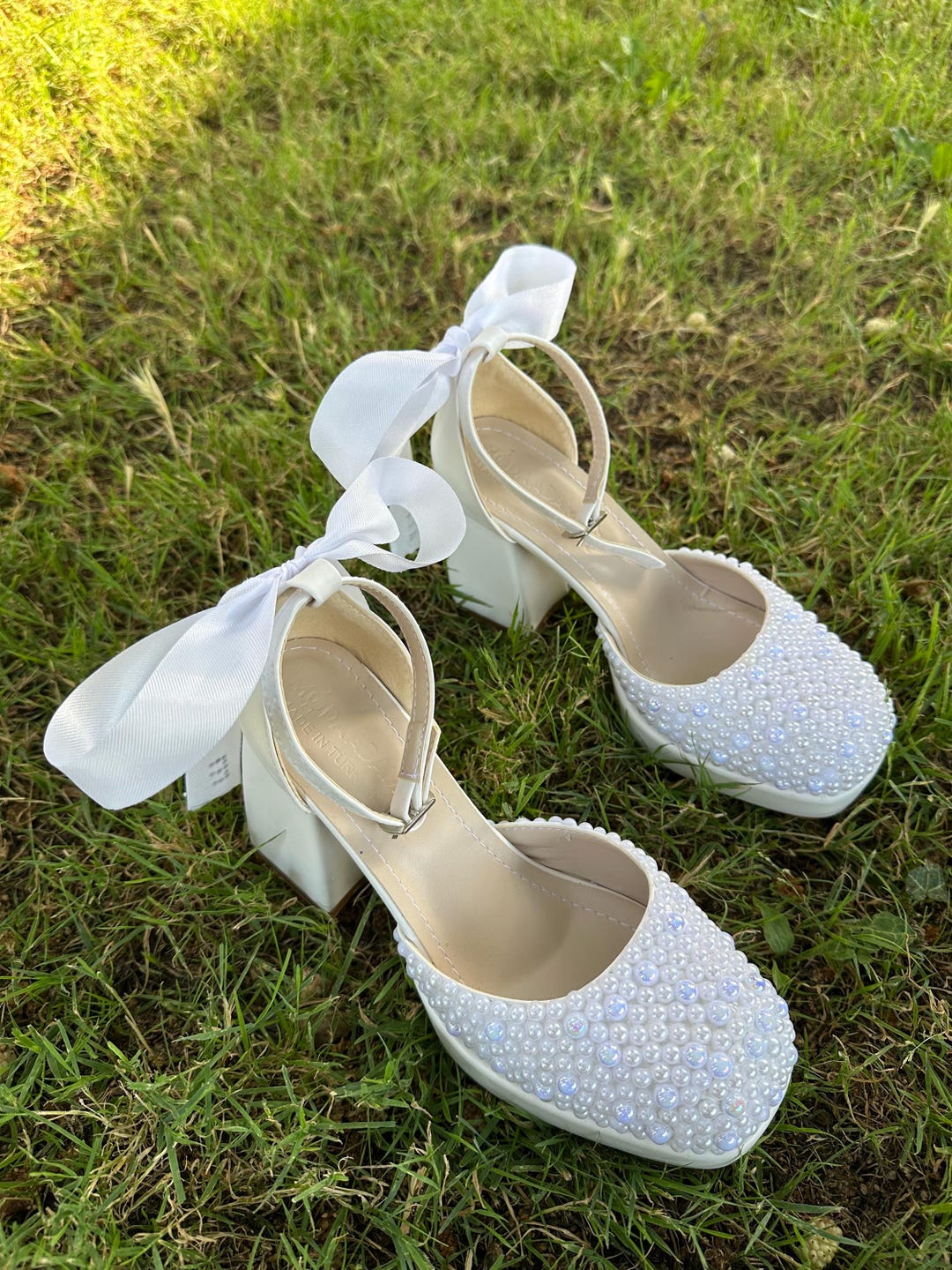 Custom Wedding Shoes With Pearls and Shiny Letters on the Ribbon - Etsy