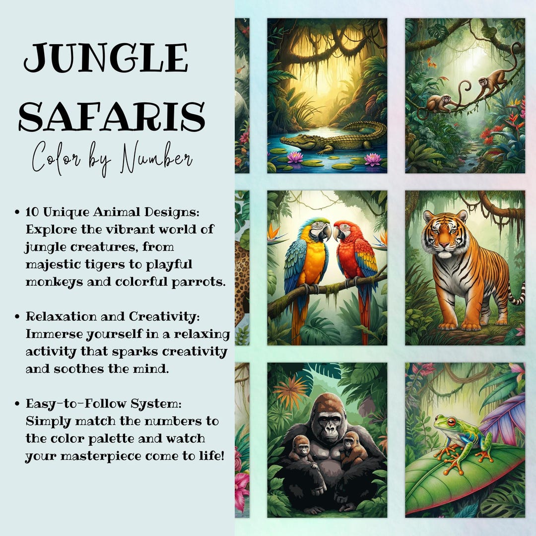 Jungle Safaris Color-by-number Printable Coloring Book - 10 Animal ...