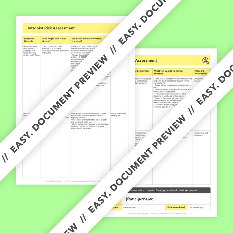 Tattooist Risk Assessment Template, Simple Health and Safety for Small ...
