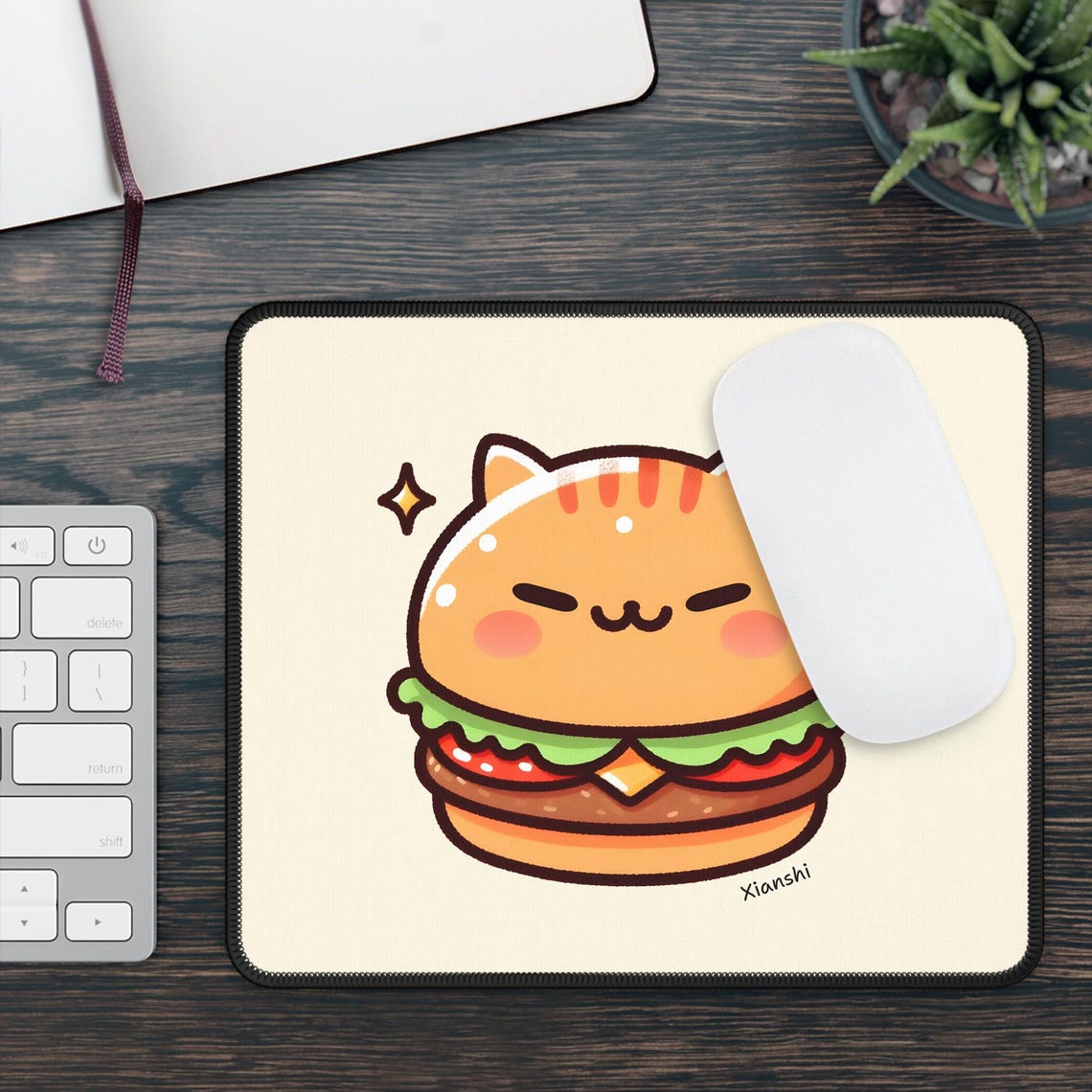 Cute Cat Burger Gaming Mouse Pad, Kawaii Cartoon Food Illustration ...