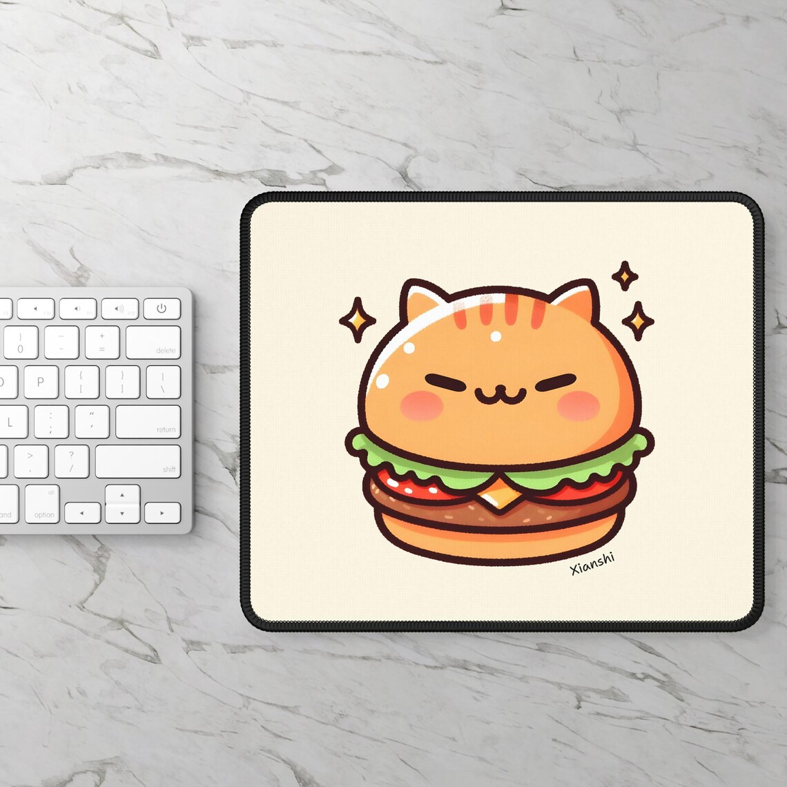Cute Cat Burger Gaming Mouse Pad, Kawaii Cartoon Food Illustration ...