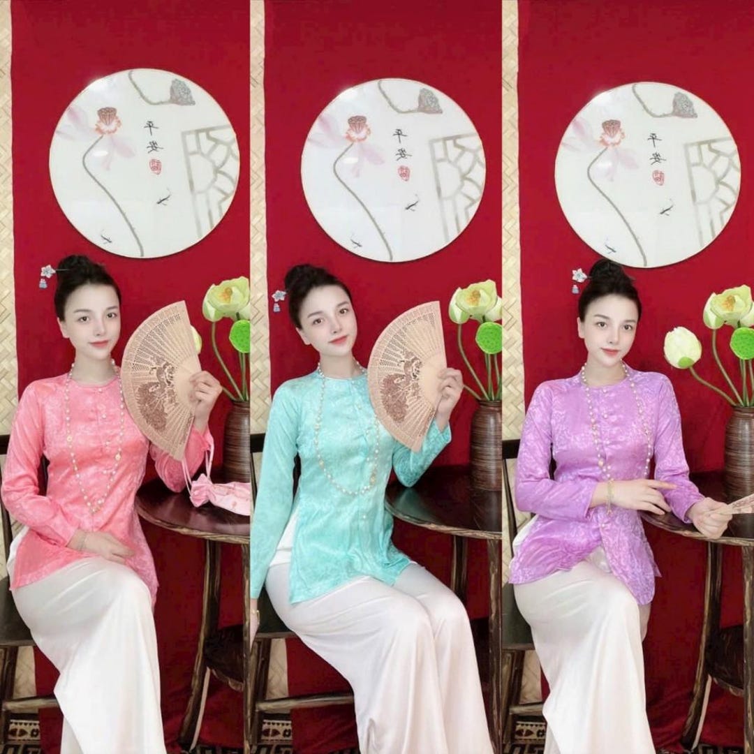 Round Neck Long Sleeved Brocade Ba Ba Set, Traditional Vietnamese Ao ...