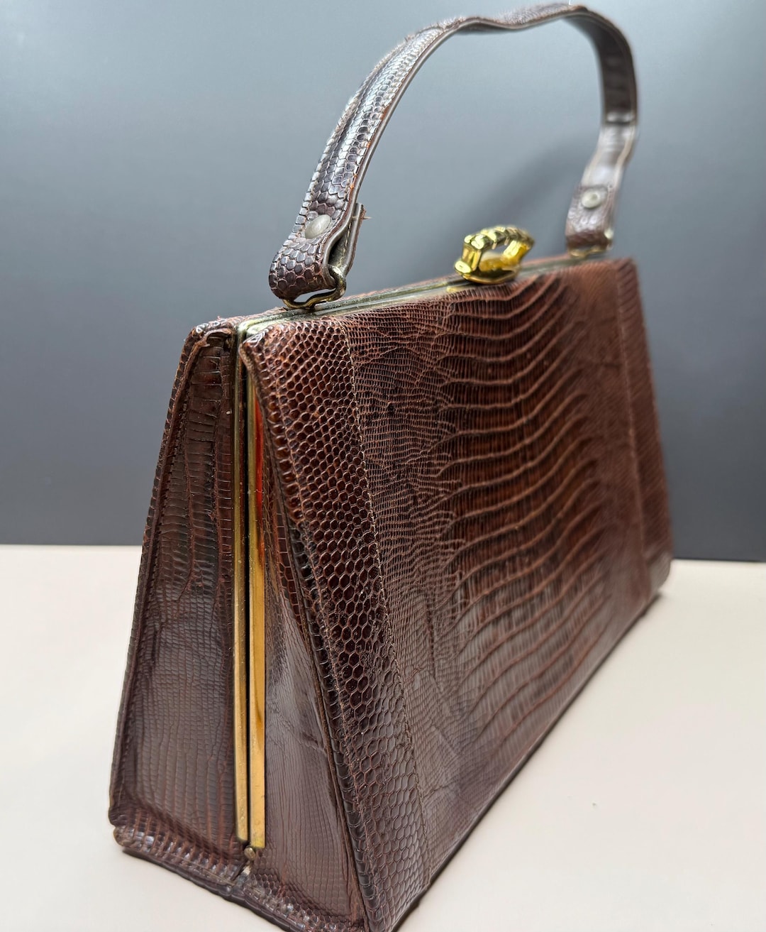 Vintage 1950s Brown Lizard Skin Purse Top Handle Gold Hardware Clutch ...
