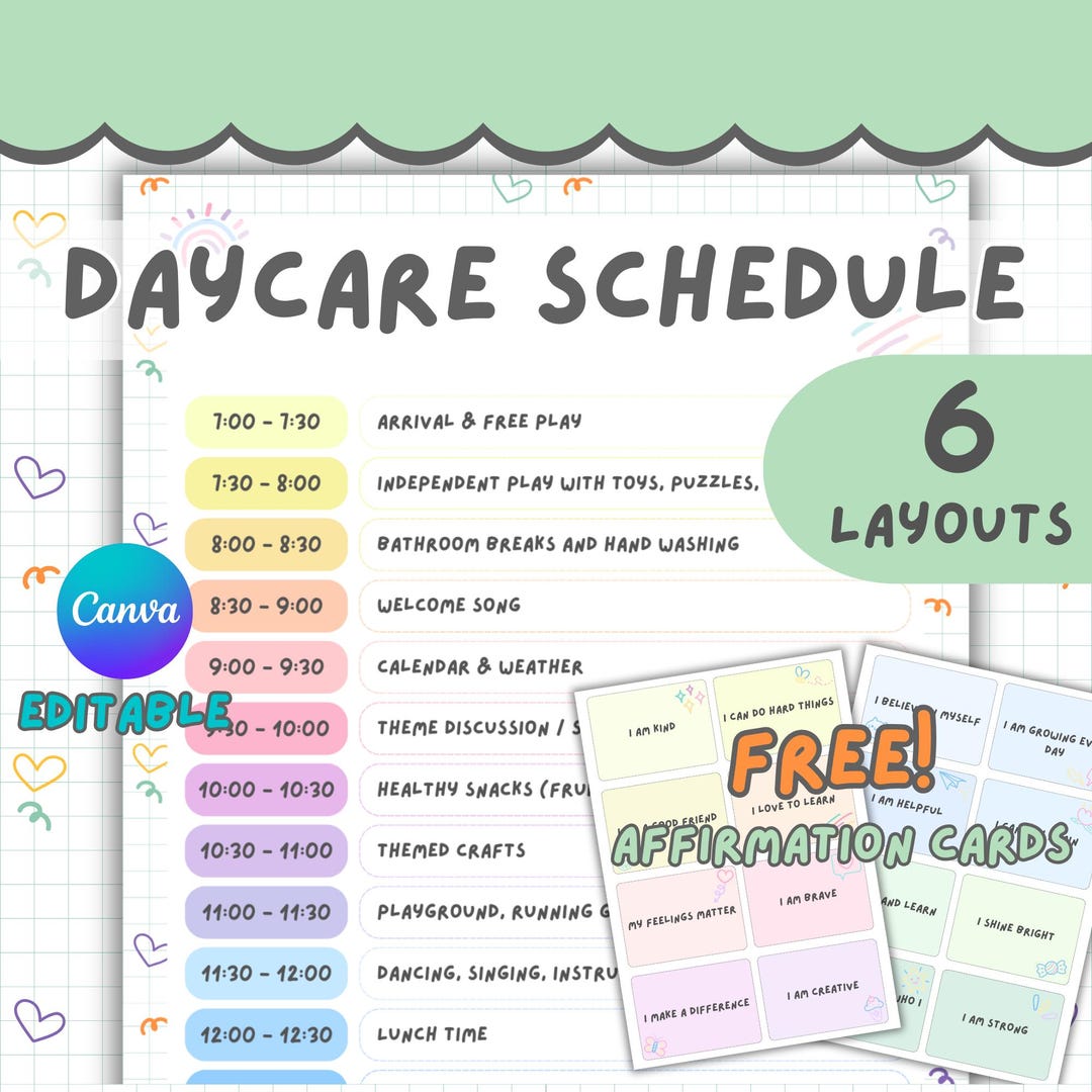 Daily Daycare Schedule and Affirmation Cards: Daycare Routine ...