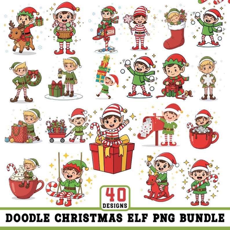 Doodle Christmas Elf Png Bundle |funny Winter Holiday (digital Download ...