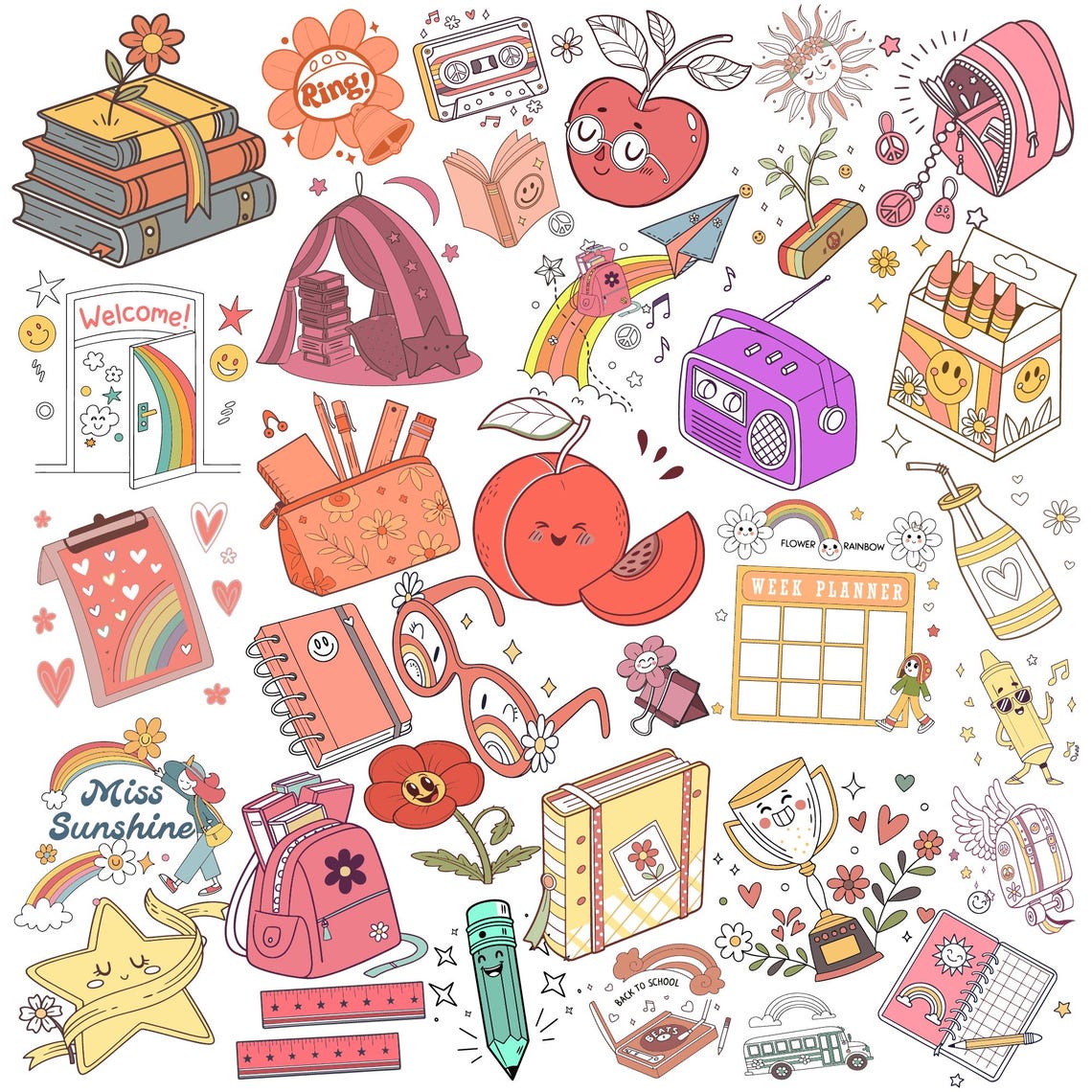 Groovy School Clipart Bundle | Retro Classroom Designs (SVG & PNG) - Etsy