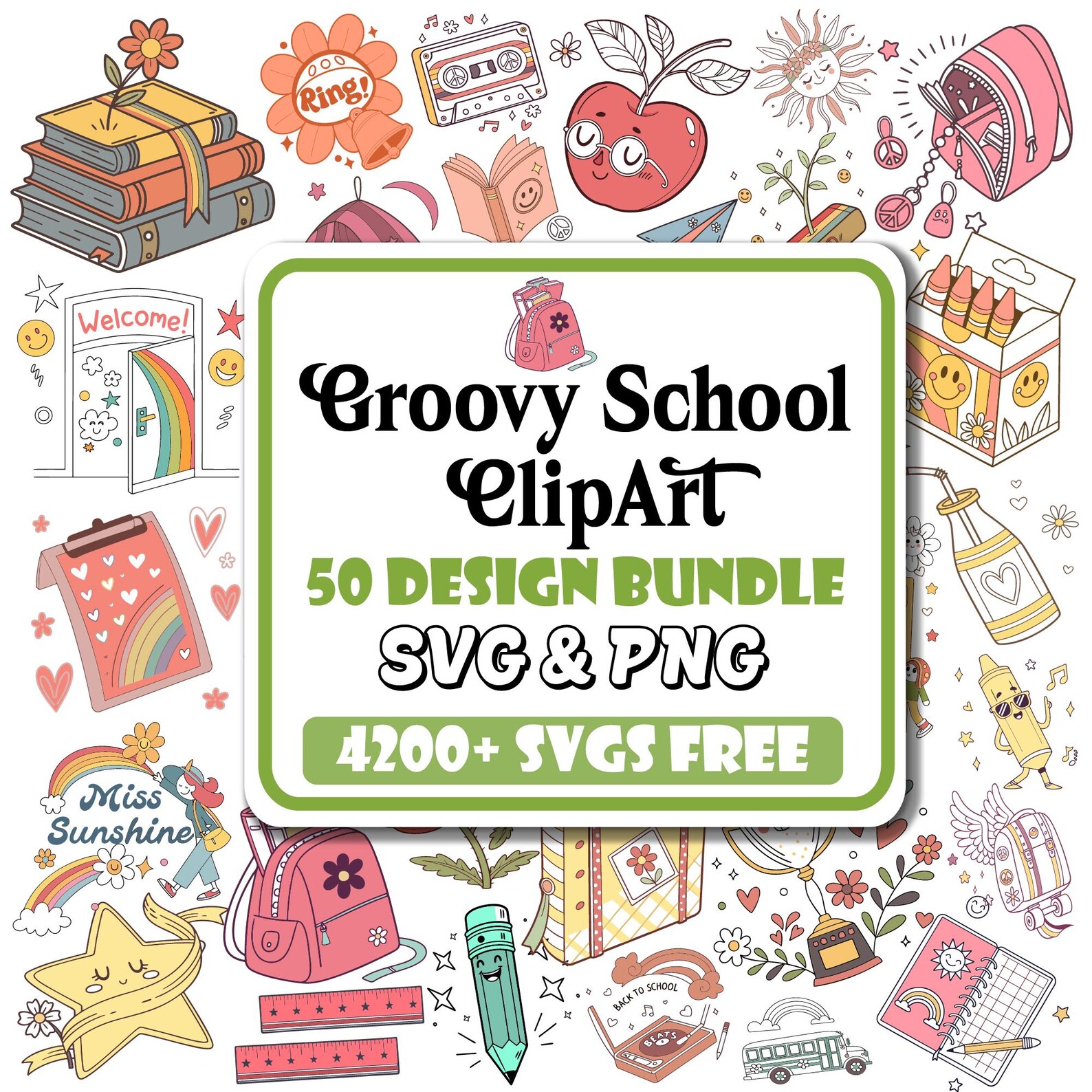 Groovy School Clipart Bundle | Retro Classroom Designs (SVG & PNG) - Etsy