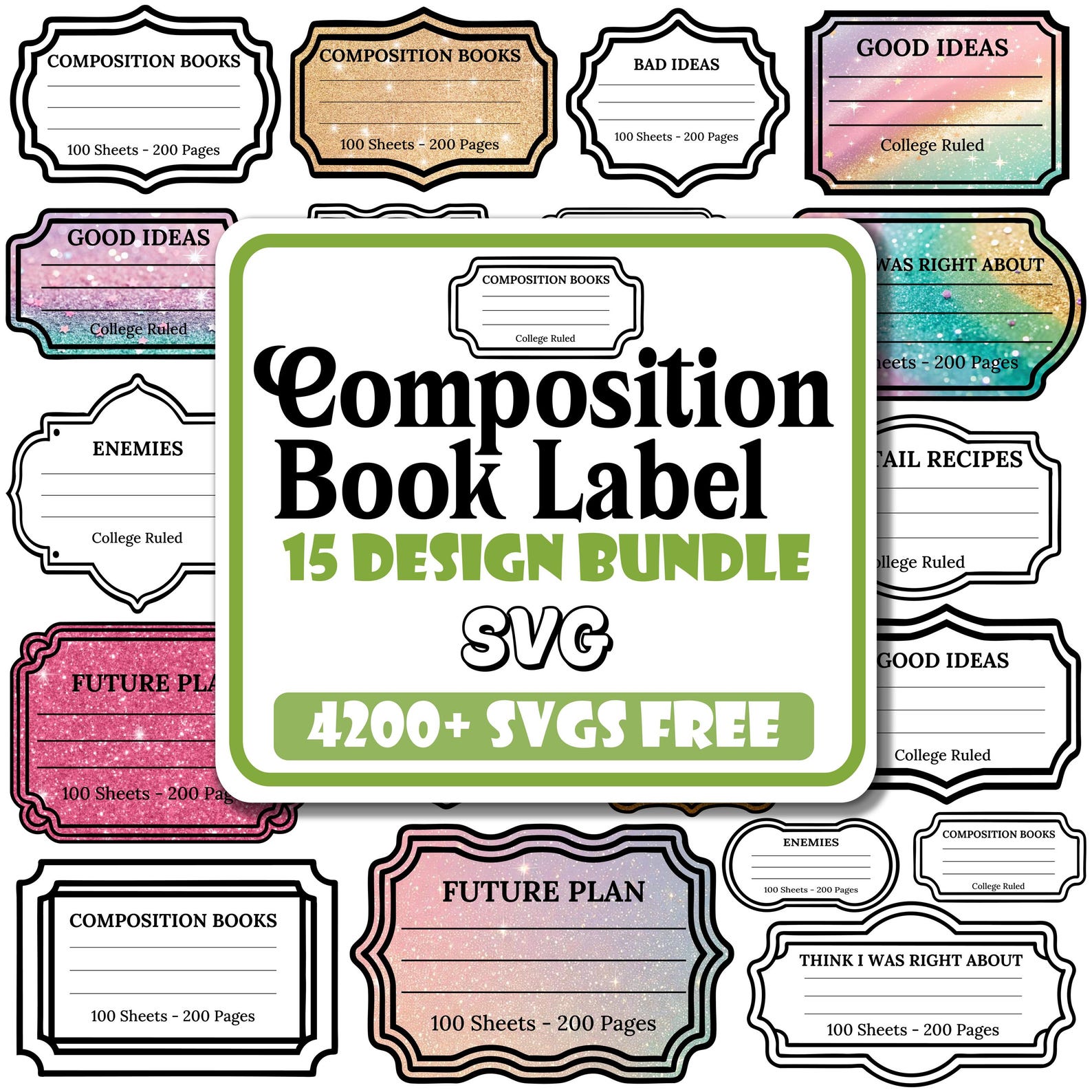 Composition Book Label SVG Bundle | School Notebook Labels (digital ...